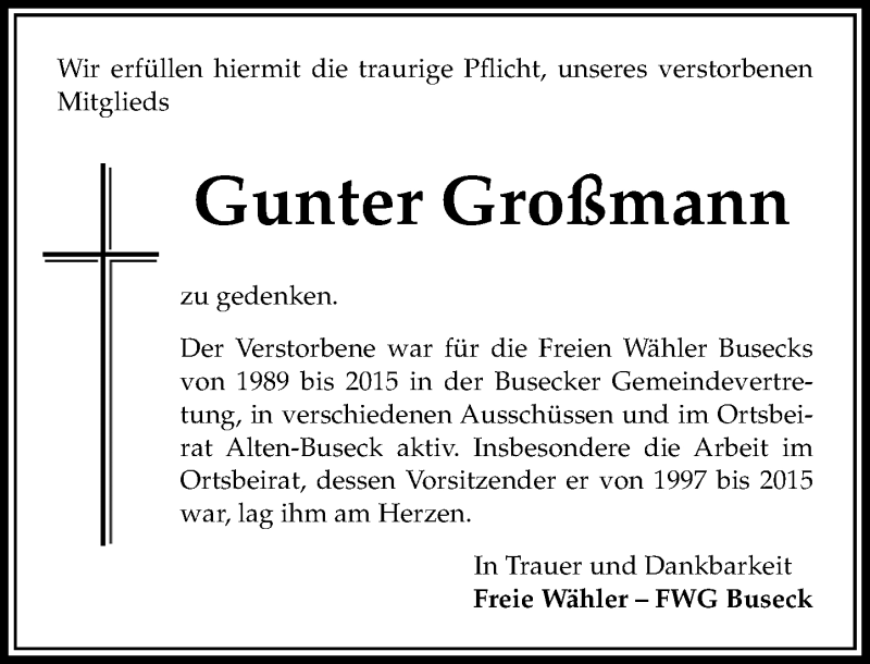 Traueranzeigen von Gunter Großmann | www.vrm-trauer.de