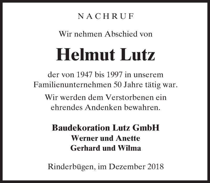Traueranzeigen von Helmut Lutz | www.vrm-trauer.de