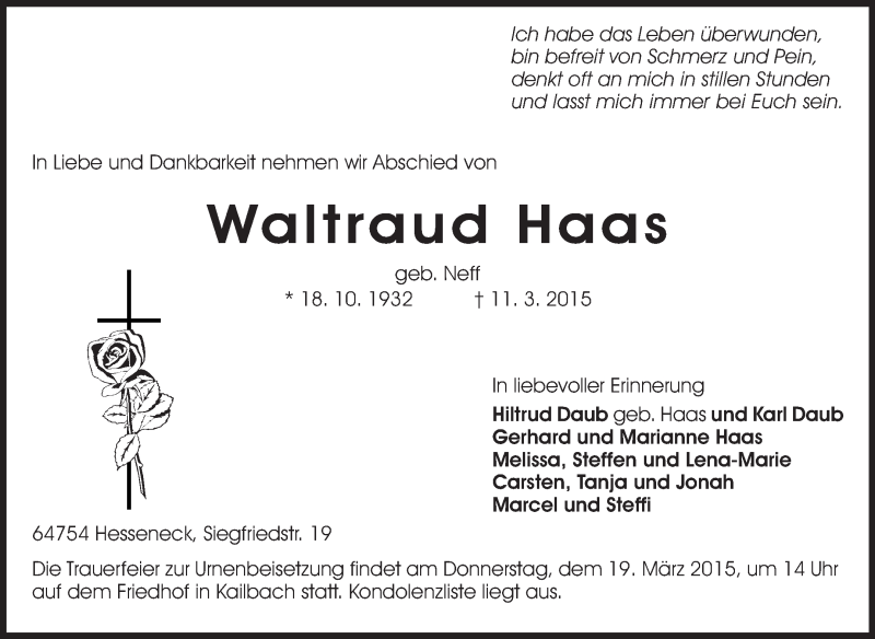 Traueranzeigen von Waltraud Haas | www.vrm-trauer.de