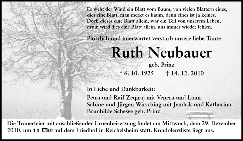 Traueranzeigen von Ruth Neubauer | www.vrm-trauer.de