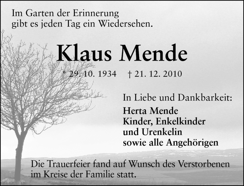Traueranzeigen von Klaus Mende | www.vrm-trauer.de