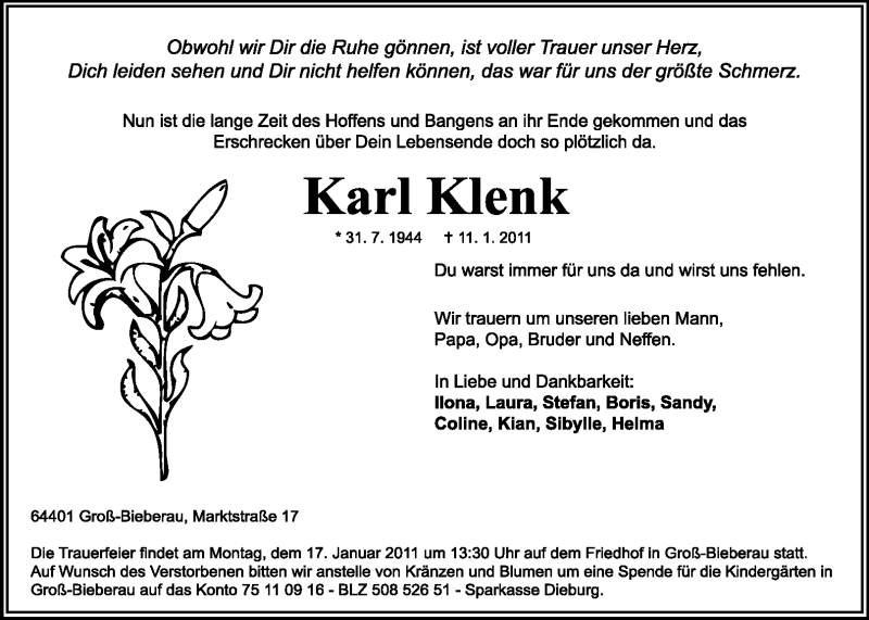 Traueranzeigen von Karl Klenk | www.vrm-trauer.de