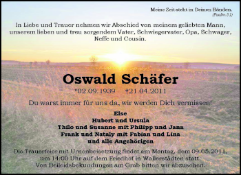 Traueranzeigen von Oswald Schäfer | www.vrm-trauer.de