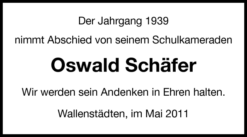 Traueranzeigen von Oswald Schäfer | www.vrm-trauer.de