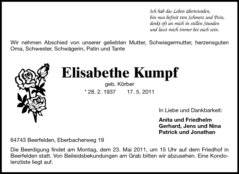 Traueranzeigen von Elisabethe Kumpf | www.vrm-trauer.de