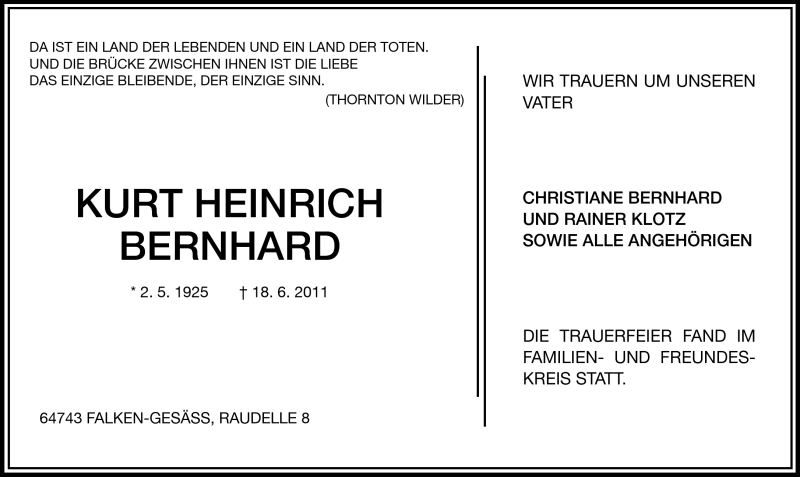 Traueranzeigen von Kurt Heinrich Bernhard | www.vrm-trauer.de