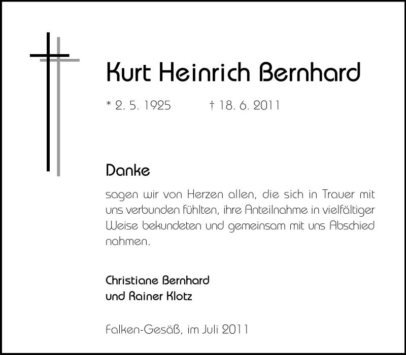 Traueranzeigen von Kurt Heinrich Bernhard | www.vrm-trauer.de