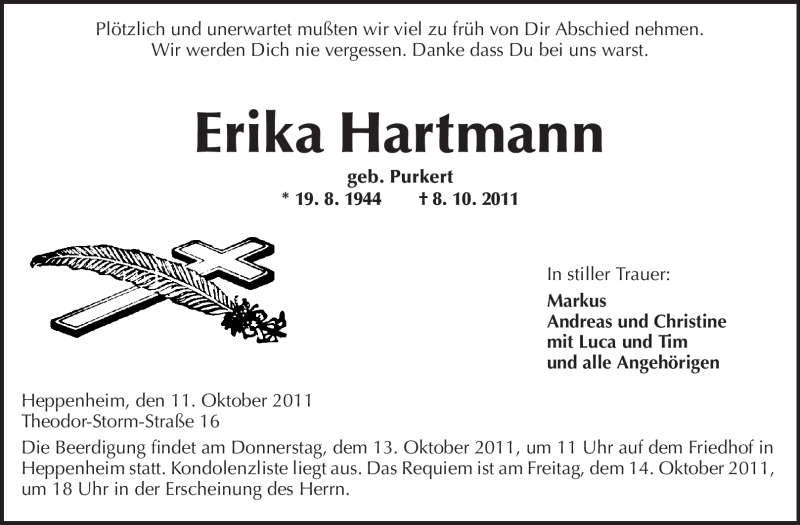 Traueranzeigen von Erika Hartmann | www.vrm-trauer.de