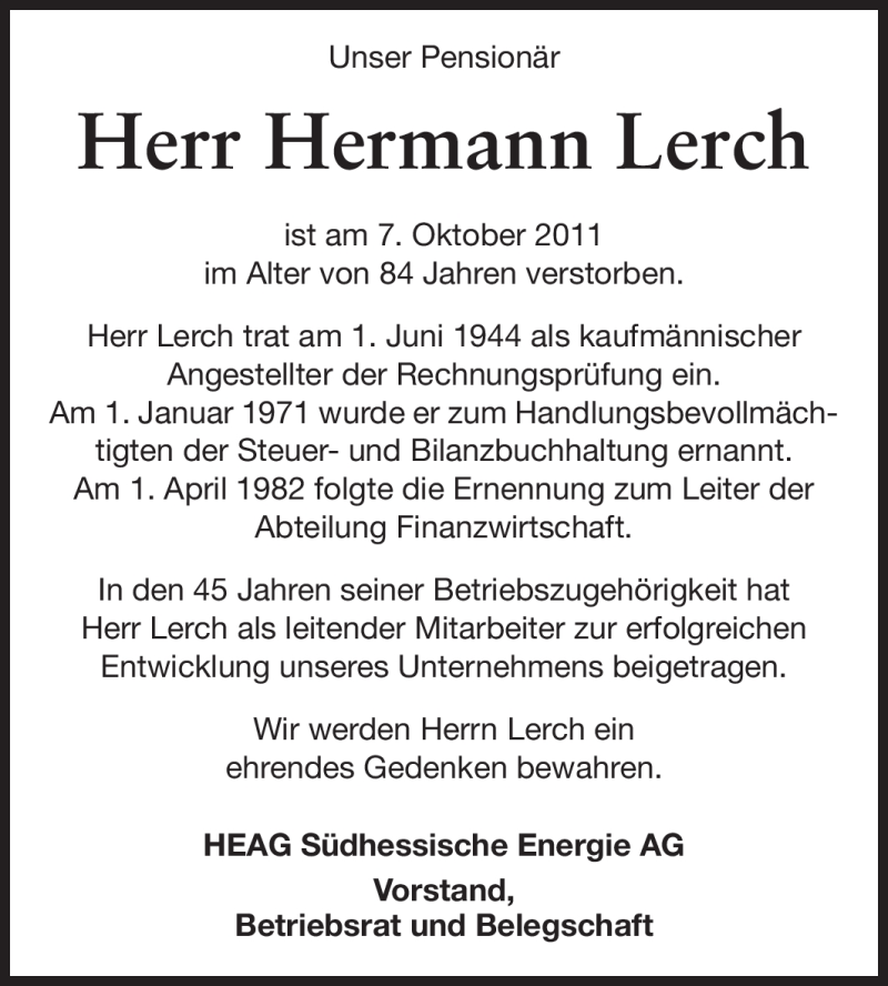 Traueranzeigen von Hans Hermann Lerch | www.vrm-trauer.de