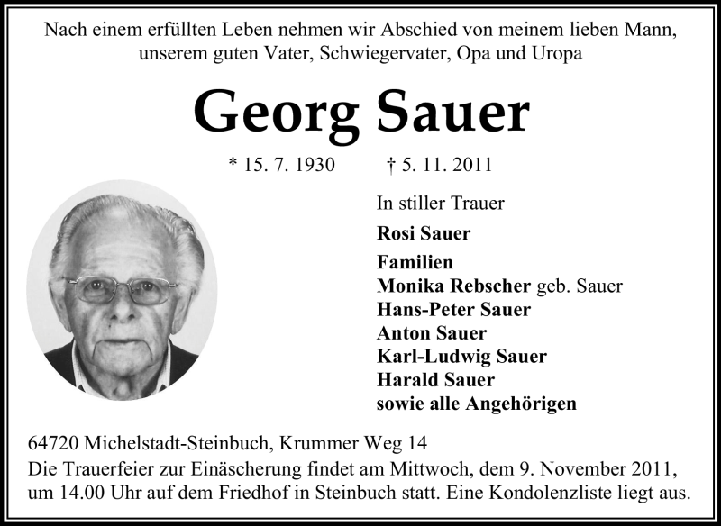 Traueranzeigen von Georg Sauer | www.vrm-trauer.de