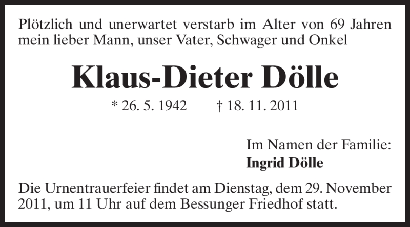 Traueranzeigen von Klaus-Dieter Dölle | www.vrm-trauer.de