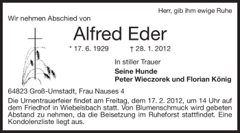 Traueranzeigen von Alfred Eder | www.vrm-trauer.de