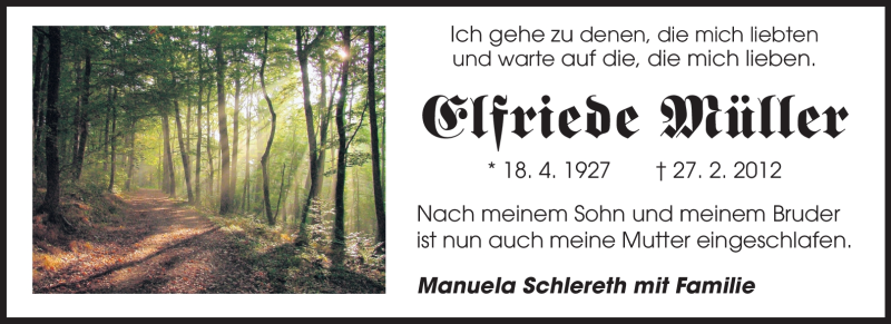 Traueranzeigen von Elfriede Müller | www.vrm-trauer.de