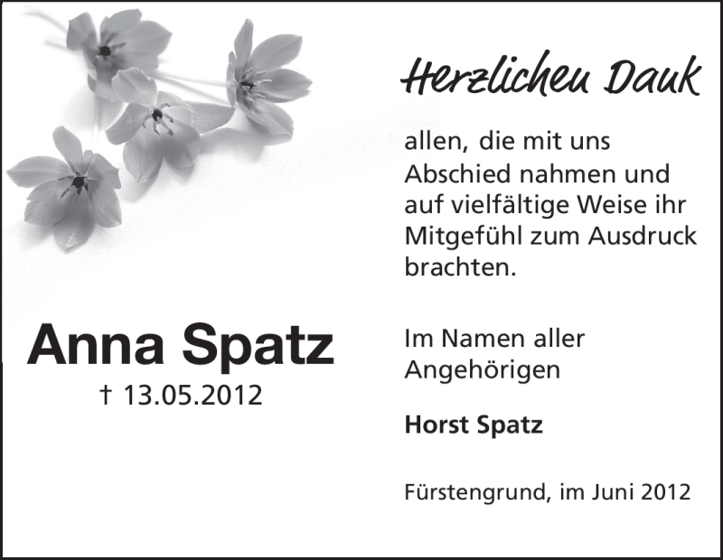 Traueranzeigen von Anna Spatz | www.vrm-trauer.de