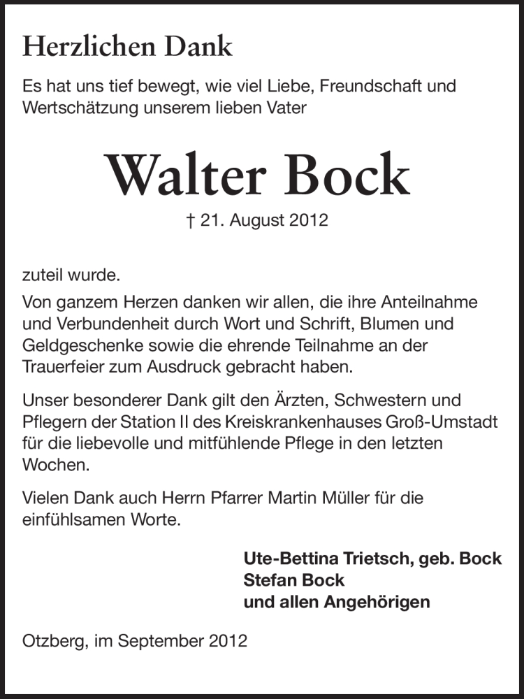 Traueranzeigen von Walter Bock | www.vrm-trauer.de