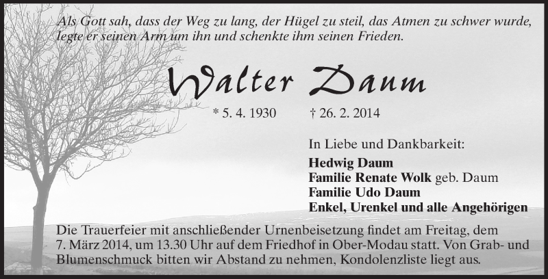 Traueranzeigen von Walter Daum | www.vrm-trauer.de