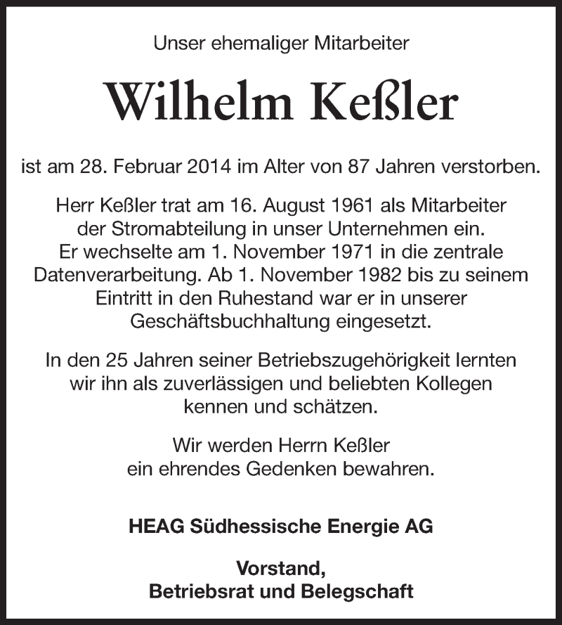 Traueranzeigen von Wilhelm Keßler | www.vrm-trauer.de