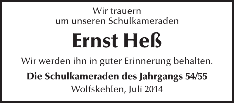 Traueranzeigen von Ernst Heß | www.vrm-trauer.de