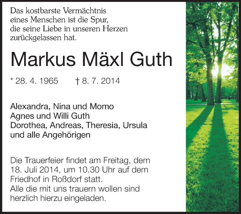 Traueranzeigen von Markus Mäxl Guth | www.vrm-trauer.de
