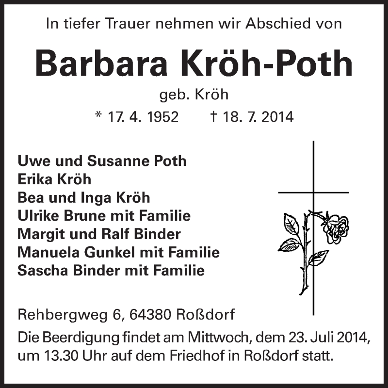 Traueranzeigen von Barbara Kröh-Poth | www.vrm-trauer.de