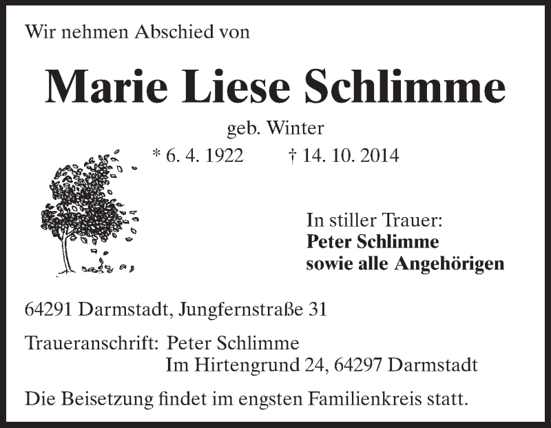 Traueranzeigen von Marie Liese Schlimme | www.vrm-trauer.de
