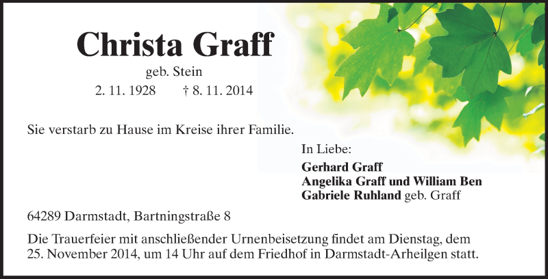 Traueranzeigen von Christa Graff | www.vrm-trauer.de