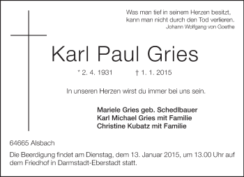 Traueranzeigen von Karl Paul Gries | www.vrm-trauer.de