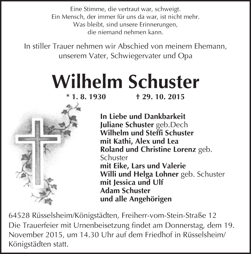 Traueranzeigen von Wilhelm Schuster | www.vrm-trauer.de