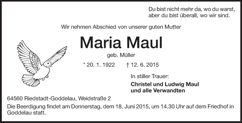 Traueranzeigen von Maria Maul | www.vrm-trauer.de