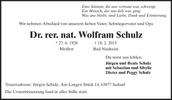 Traueranzeigen von Wolfram Schulz | www.vrm-trauer.de