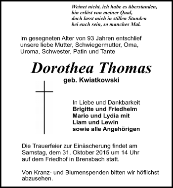 Traueranzeigen von Dorothea Thomas | www.vrm-trauer.de