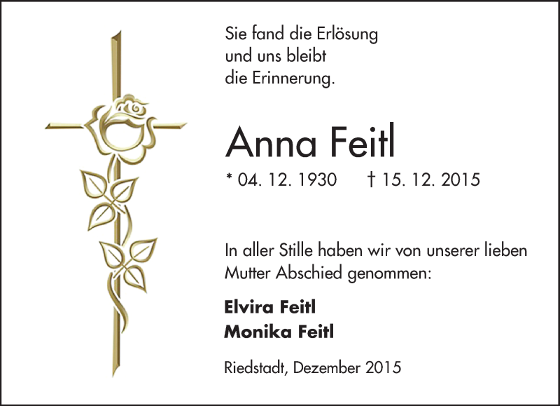 Traueranzeigen von Anna Feitl | www.vrm-trauer.de