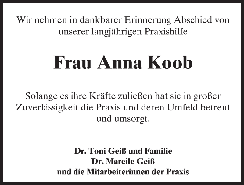 Traueranzeigen von Anna Koop | www.vrm-trauer.de