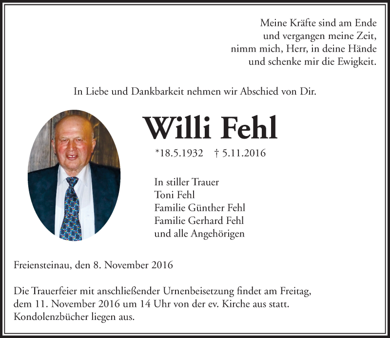 Traueranzeigen von Willi Fehl | www.vrm-trauer.de