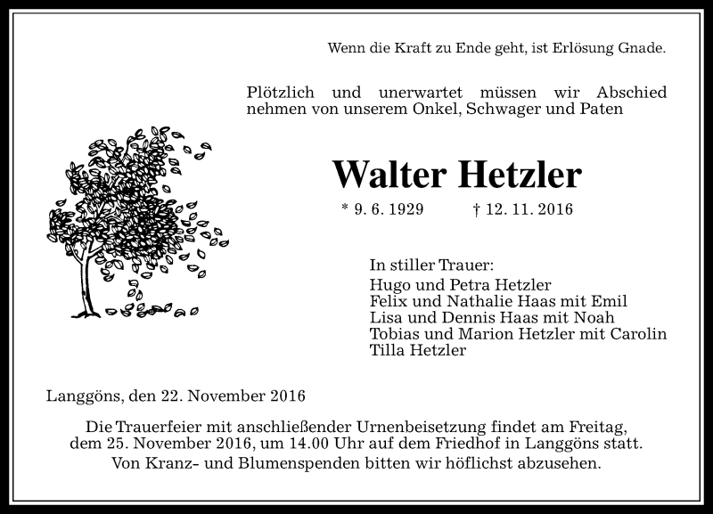 Traueranzeigen von Walter Hetzler | www.vrm-trauer.de