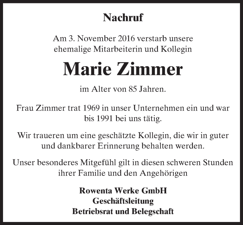 Traueranzeigen von Marie Zimmer | www.vrm-trauer.de