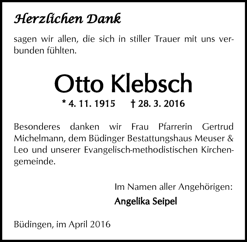Traueranzeigen von Otto Klebsch | www.vrm-trauer.de