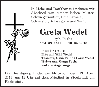 Traueranzeigen von Greta Wedel | www.vrm-trauer.de