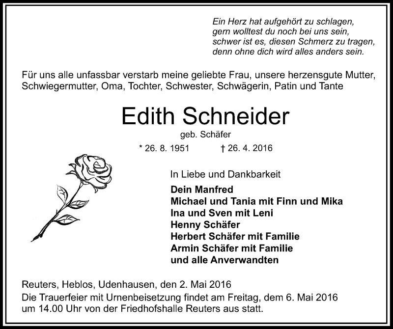 Traueranzeigen von Edith Schneider | www.vrm-trauer.de