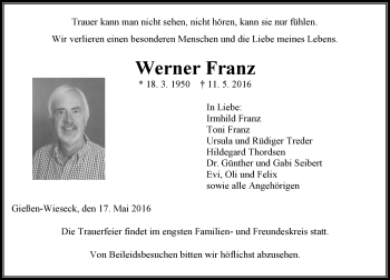 Traueranzeigen von Werner Franz | www.vrm-trauer.de