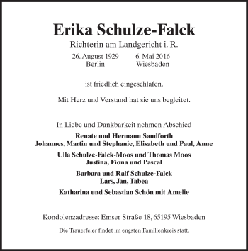 Traueranzeigen von Erika Schulze-Falck | www.vrm-trauer.de