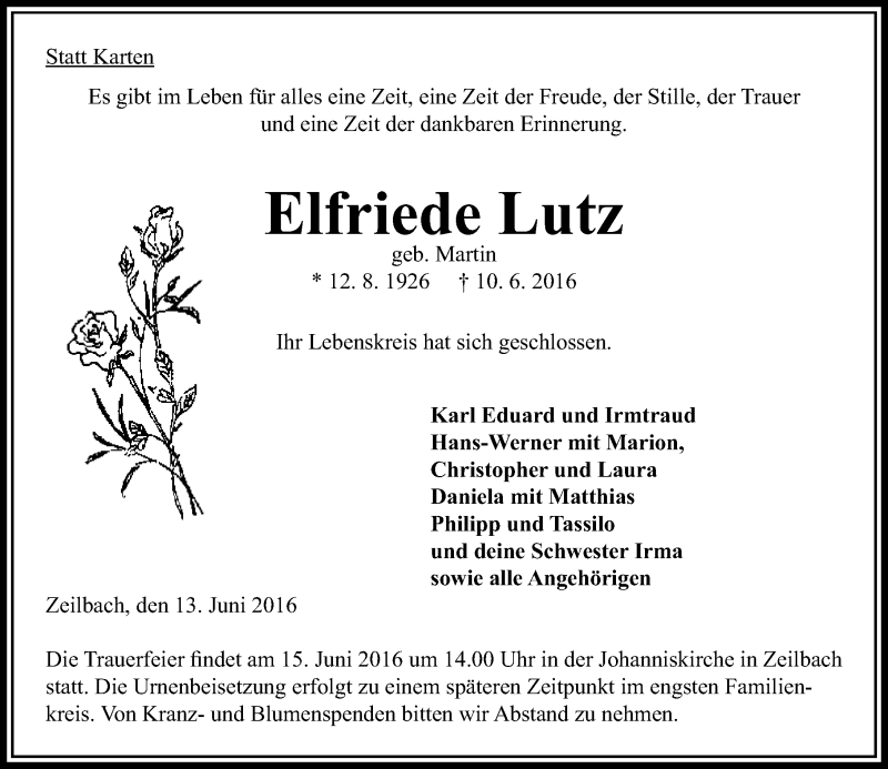 Traueranzeigen von Elfriede Lutz | www.vrm-trauer.de