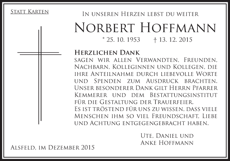 Traueranzeigen von Norbert Hoffmann | www.vrm-trauer.de