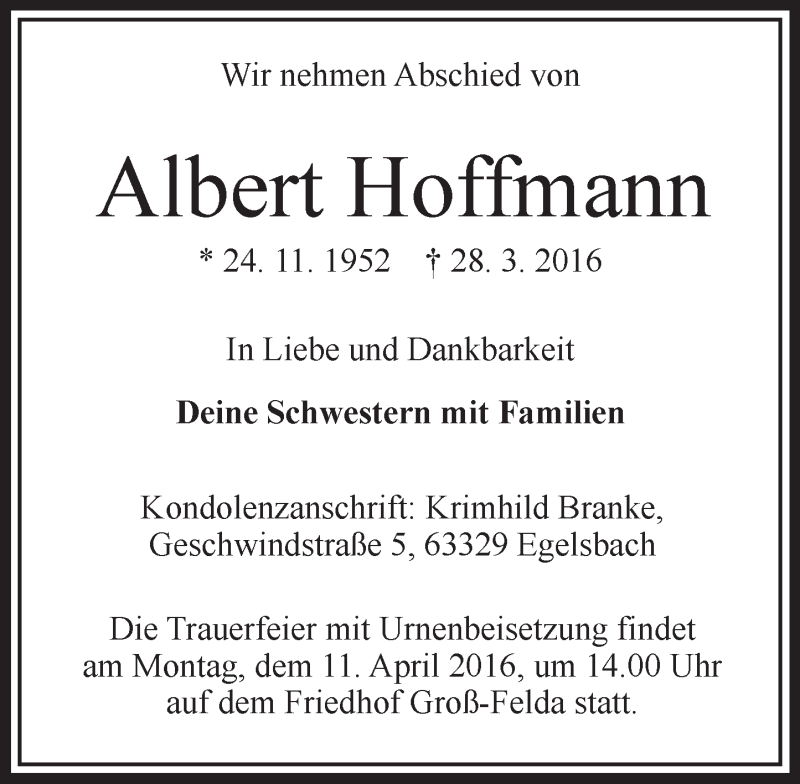 Traueranzeigen von Albert Hoffmann | www.vrm-trauer.de