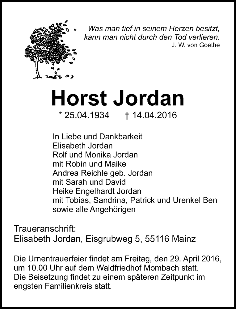 Traueranzeigen von Horst Jordan | www.vrm-trauer.de