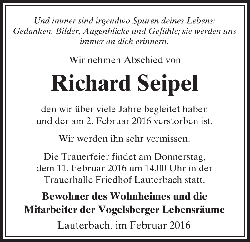 Traueranzeigen von Richard Seipel | www.vrm-trauer.de