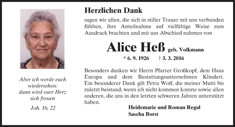 Traueranzeigen von Alice Heß | www.vrm-trauer.de