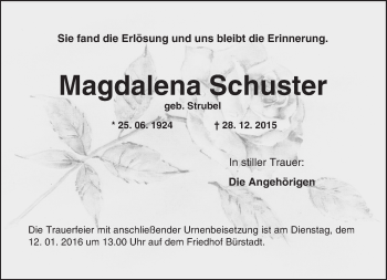 Traueranzeigen von Magdalena Schuster | www.vrm-trauer.de