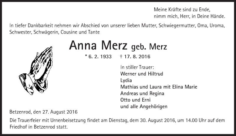 Traueranzeigen von Anna Merz | www.vrm-trauer.de