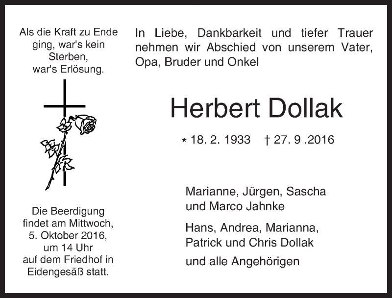 Traueranzeigen von Herbert Dollak | www.vrm-trauer.de